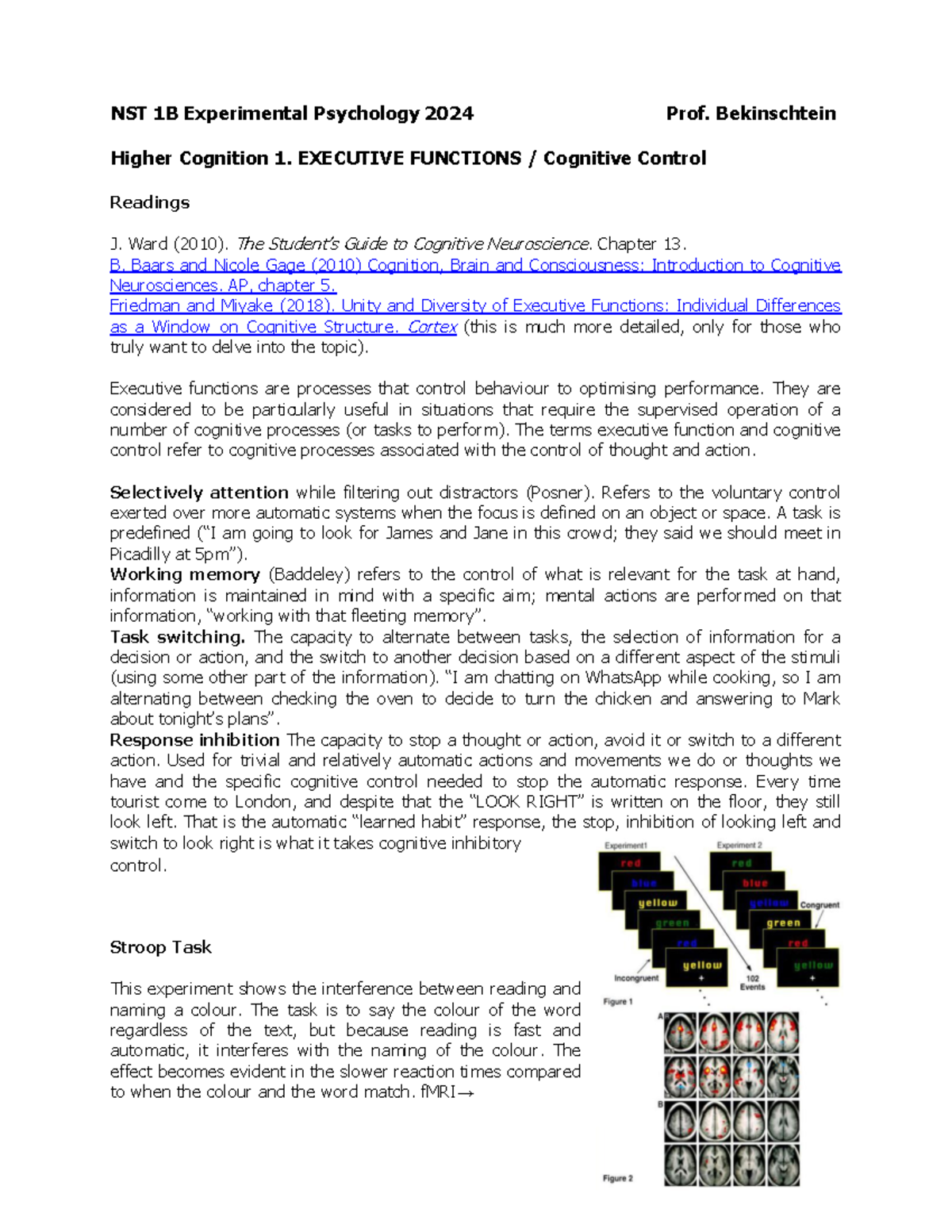 NST 1B Experimental Psychology 2024: Cognitive Control & Executive ...