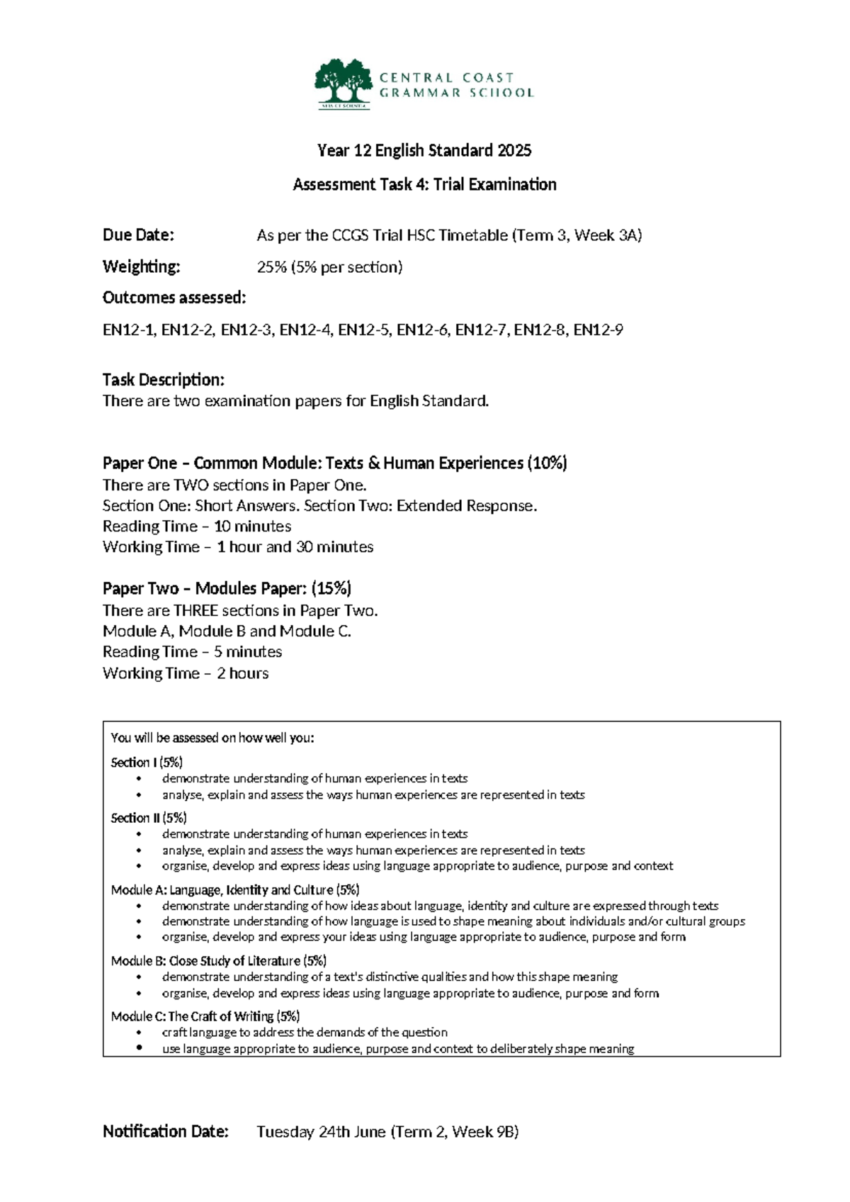 Y12 English Standard Assessment Task 4: Trial Exam 2025 - Studocu
