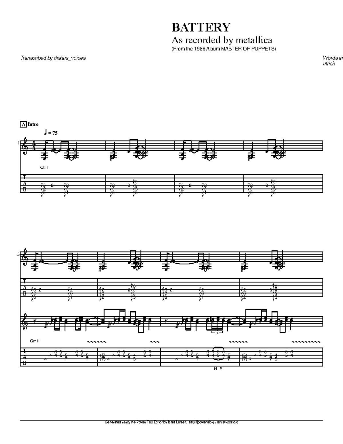 Metallica - Battery (Guitar Tab) - Master of Puppets - Studocu