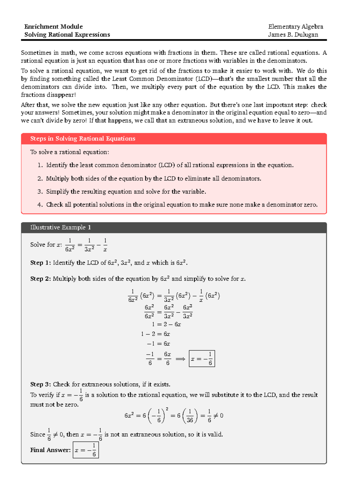 Elementary Algebra: Solving Rational Equations (Enrichment Module ...