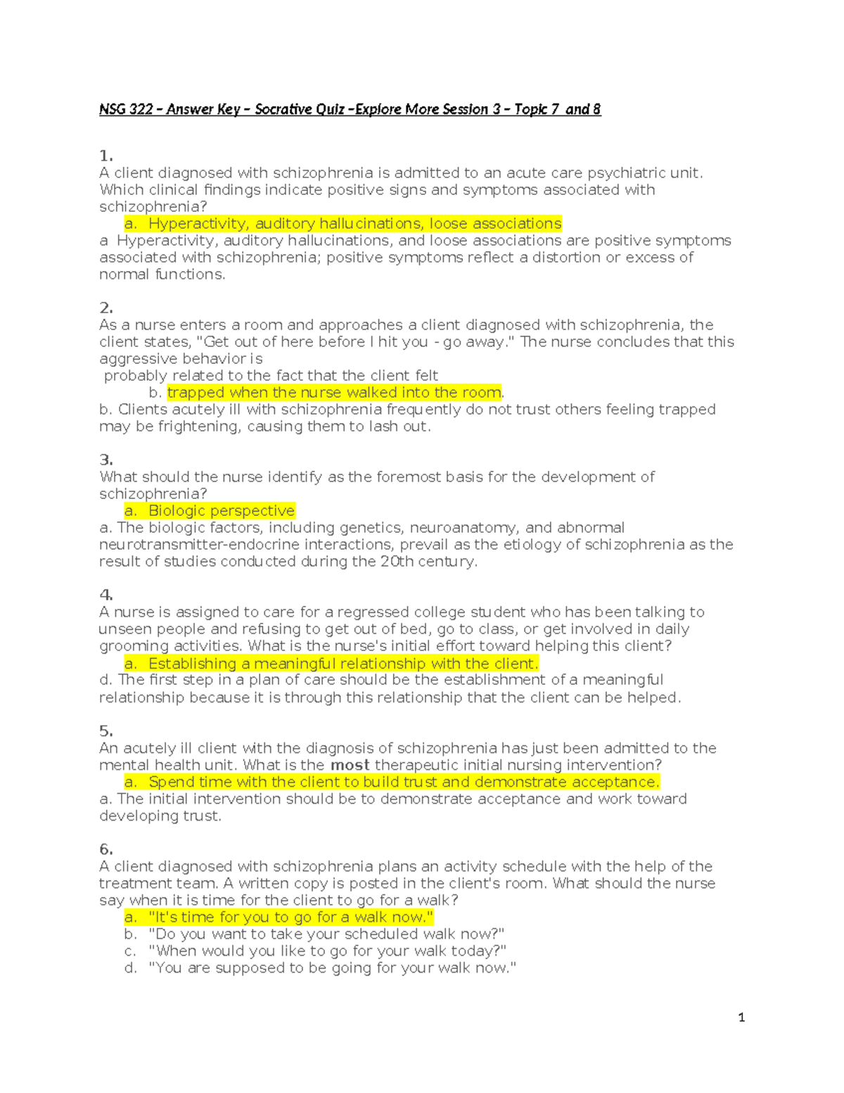 NSG 322 - Socrative Quiz Answer Key for Exam 3: Explore More Session 3 ...