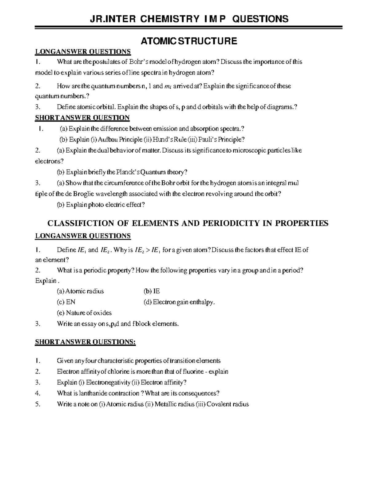 JR Inter CHEM I M P Exam Questions with Focus on Key Topics - Studocu