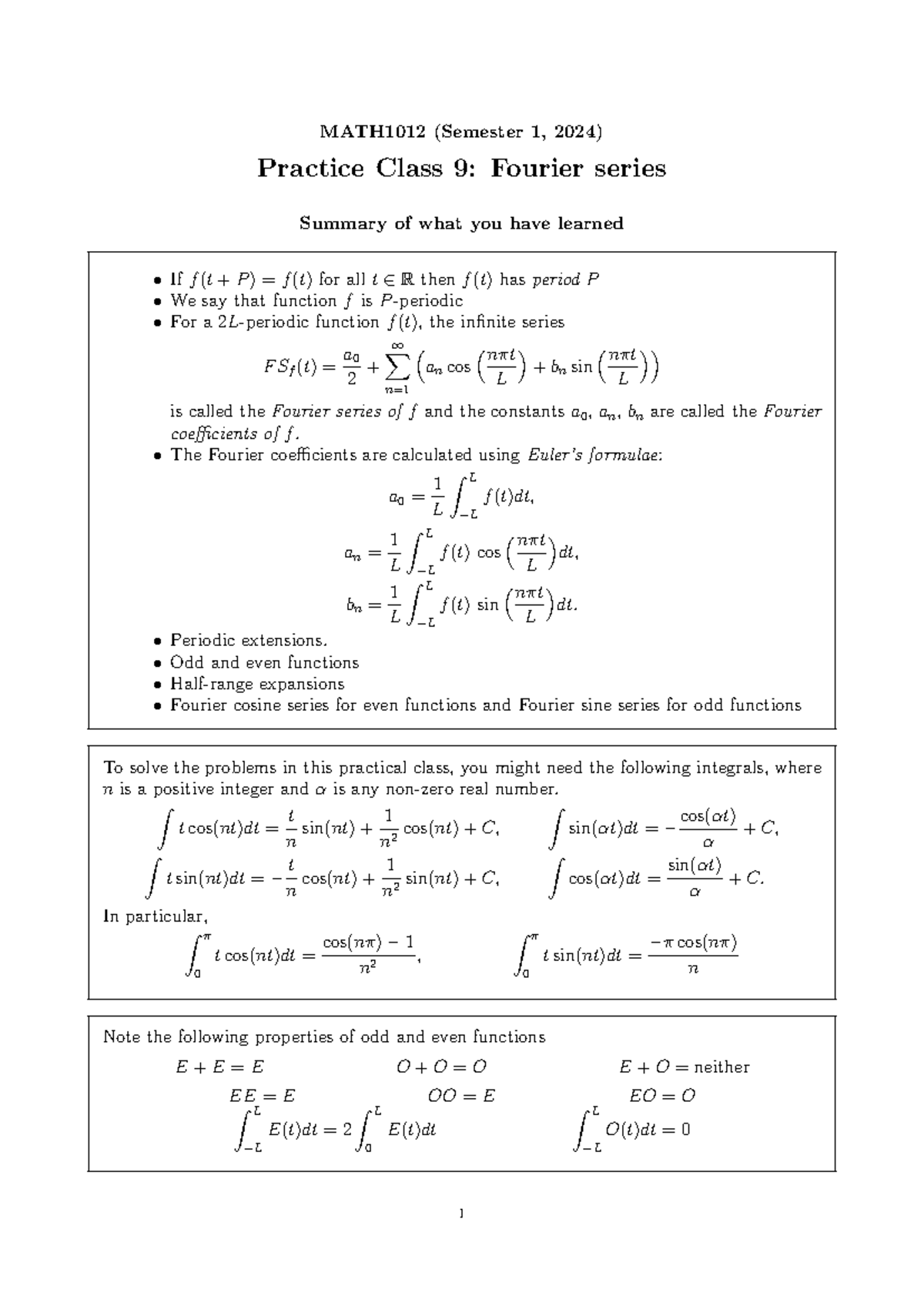 MATH1012 Semester 1, 2024 Practice Class 9: Fourier Series Overview ...