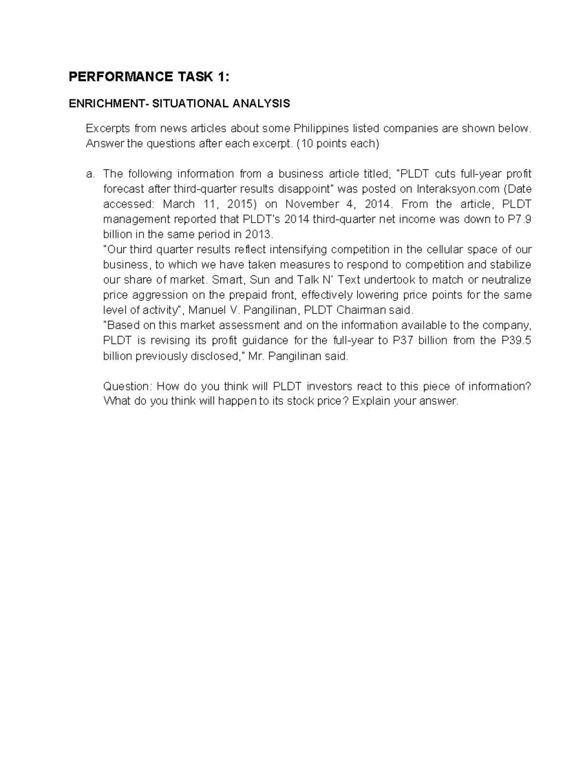 Performance TASK 1: Mini Case Study on PLDT & Petron Analysis - Studocu