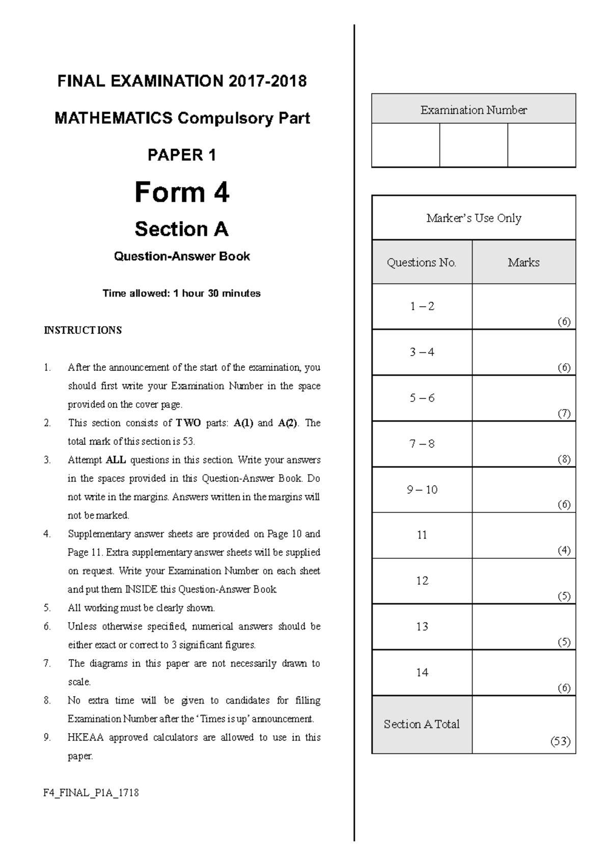 La Salle 2017-2018 F4 Math Final Exam Paper 1 - Question & Answer - Studocu
