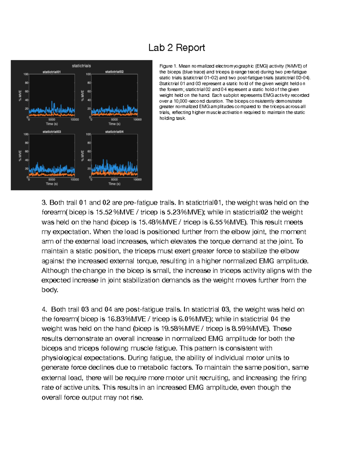 Lab 2 Report: EMG Activity of Biceps and Triceps in Static Trials - Studocu