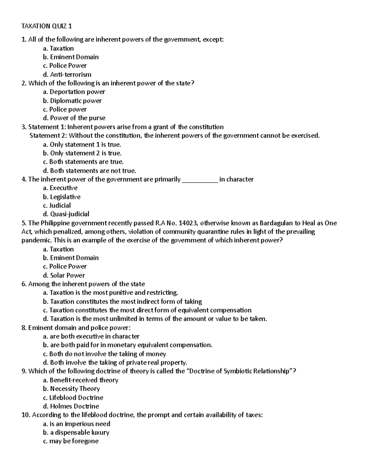 Taxation Quiz 1: Understanding Inherent Powers and Tax Principles - Studocu
