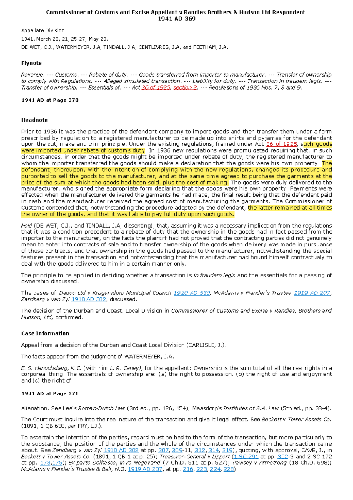 Commissioner of Customs and Excise v Randles Bros & Hudson Ltd Case ...