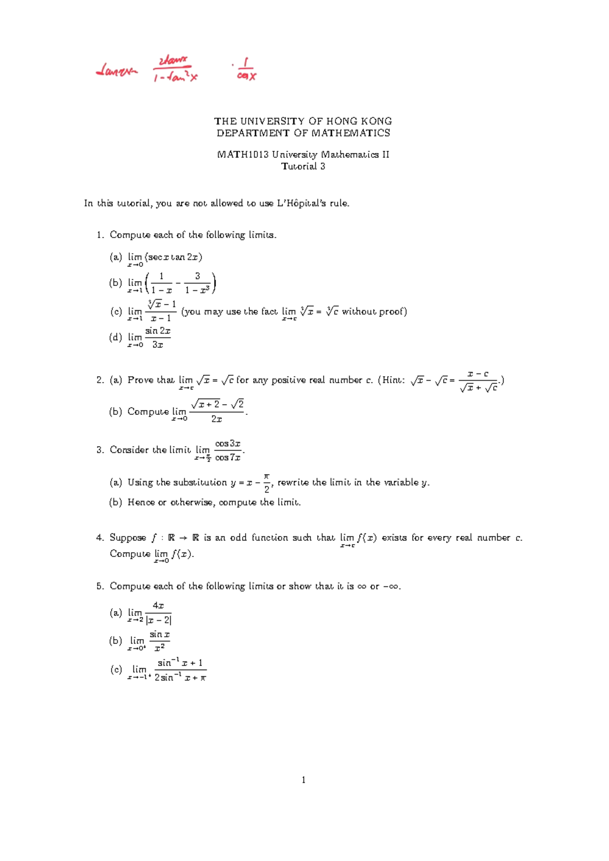 MATH1013 University Mathematics II Tutorial 3: Limit Computations - Studocu