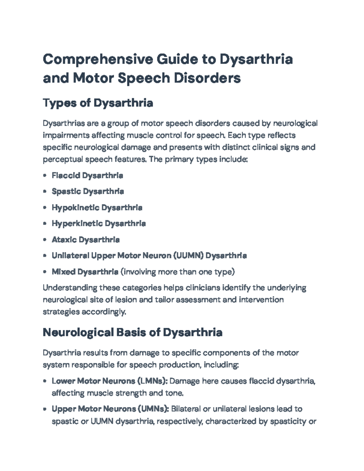 Comprehensive Guide to Dysarthria: Types, Assessment & Treatment - Studocu