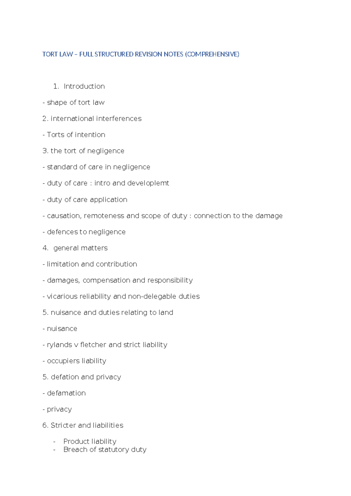 TORT LAW 1: COMPREHENSIVE REVISION NOTES ON NEGLIGENCE AND LIABILITY ...