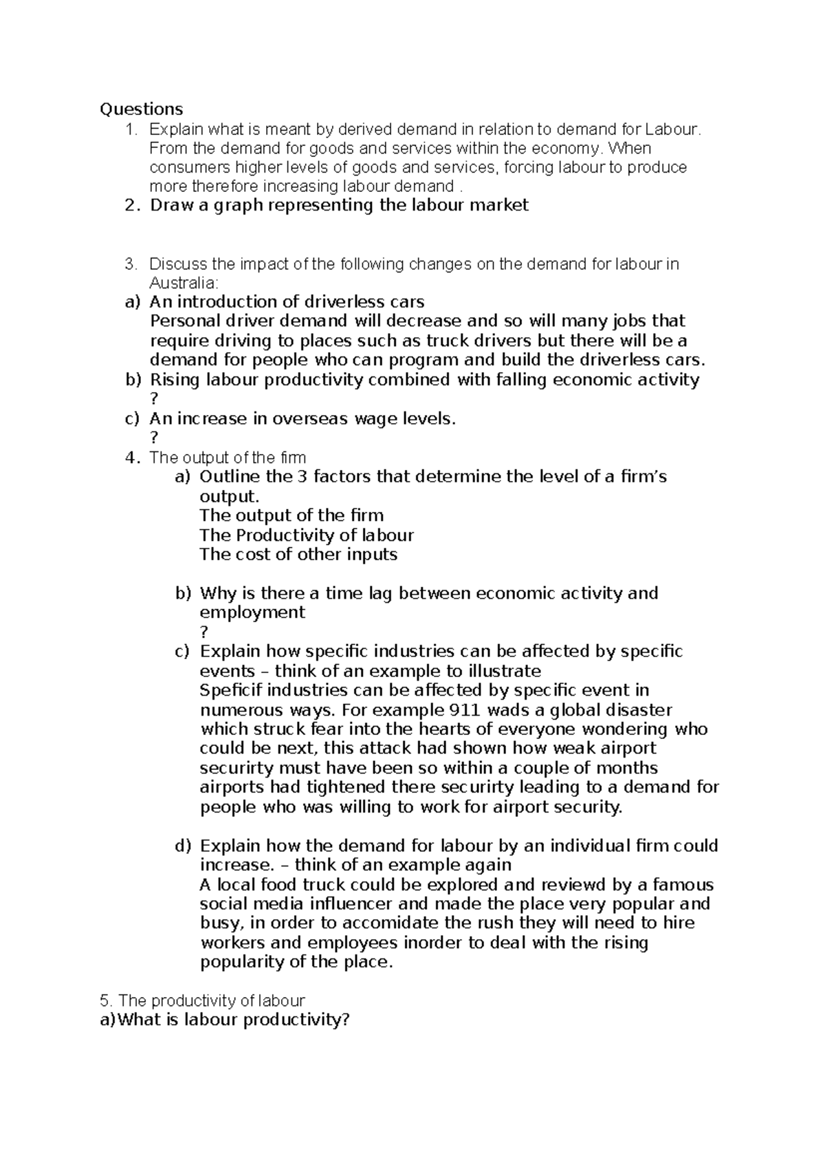 Demand for Labour Worksheet: Understanding Derived Demand and Market ...