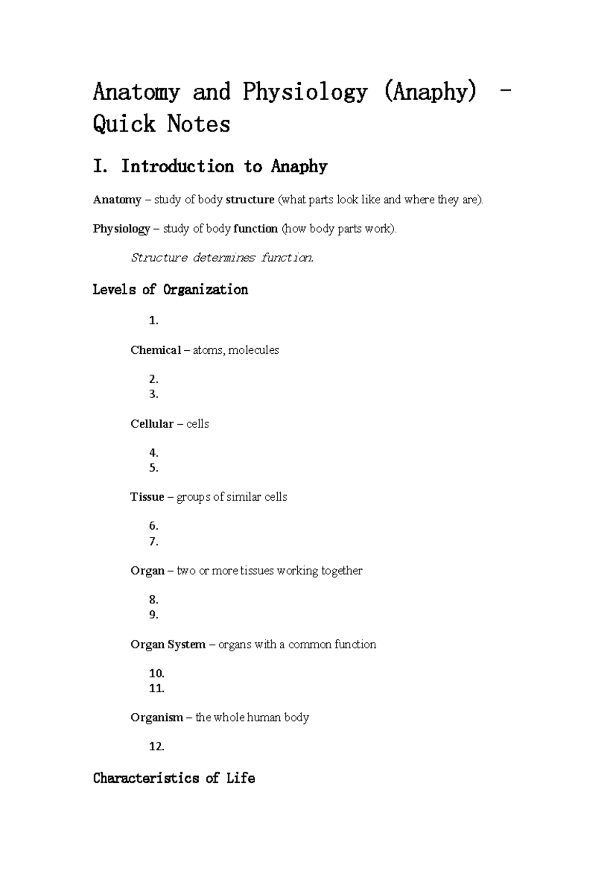 Anaphy Quick Notes: Intro to Anatomy & Physiology Concepts - Studocu