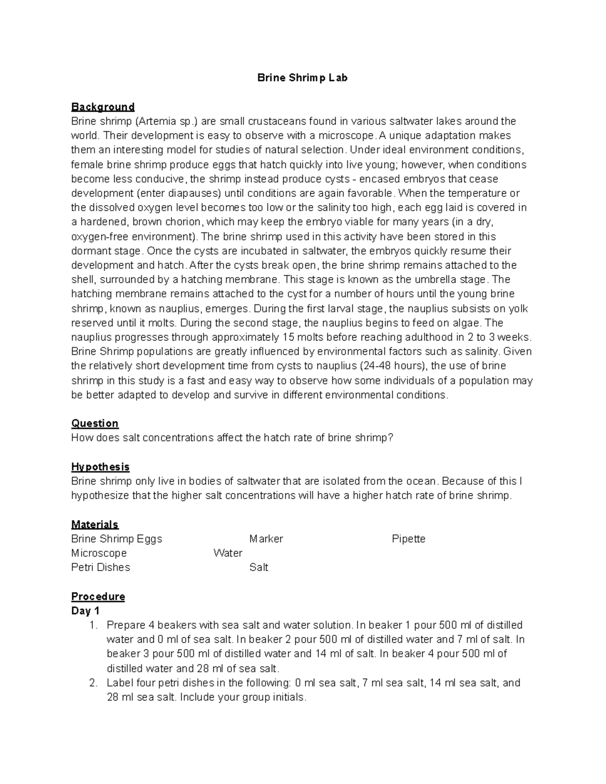 Brine Shrimp Lab (BIO 101) - Effects of Salt Concentration on Hatch ...