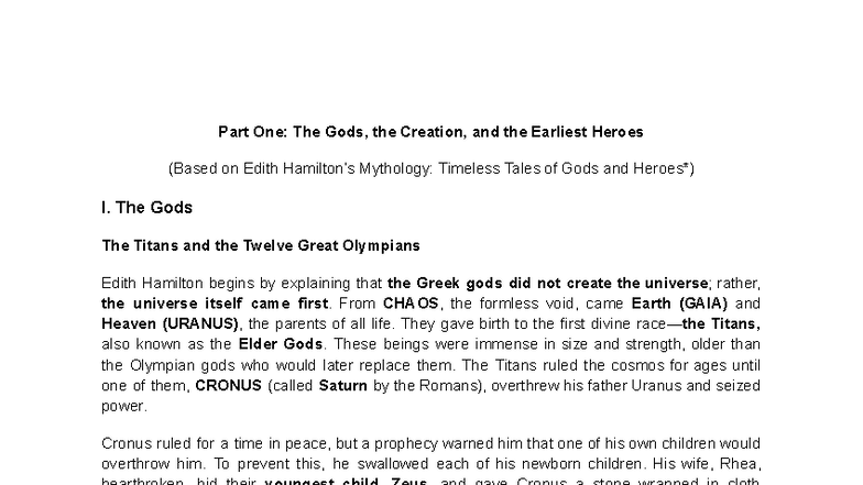 Mythology: The Gods, Creation, and Heroes - Part One Insights - Studocu