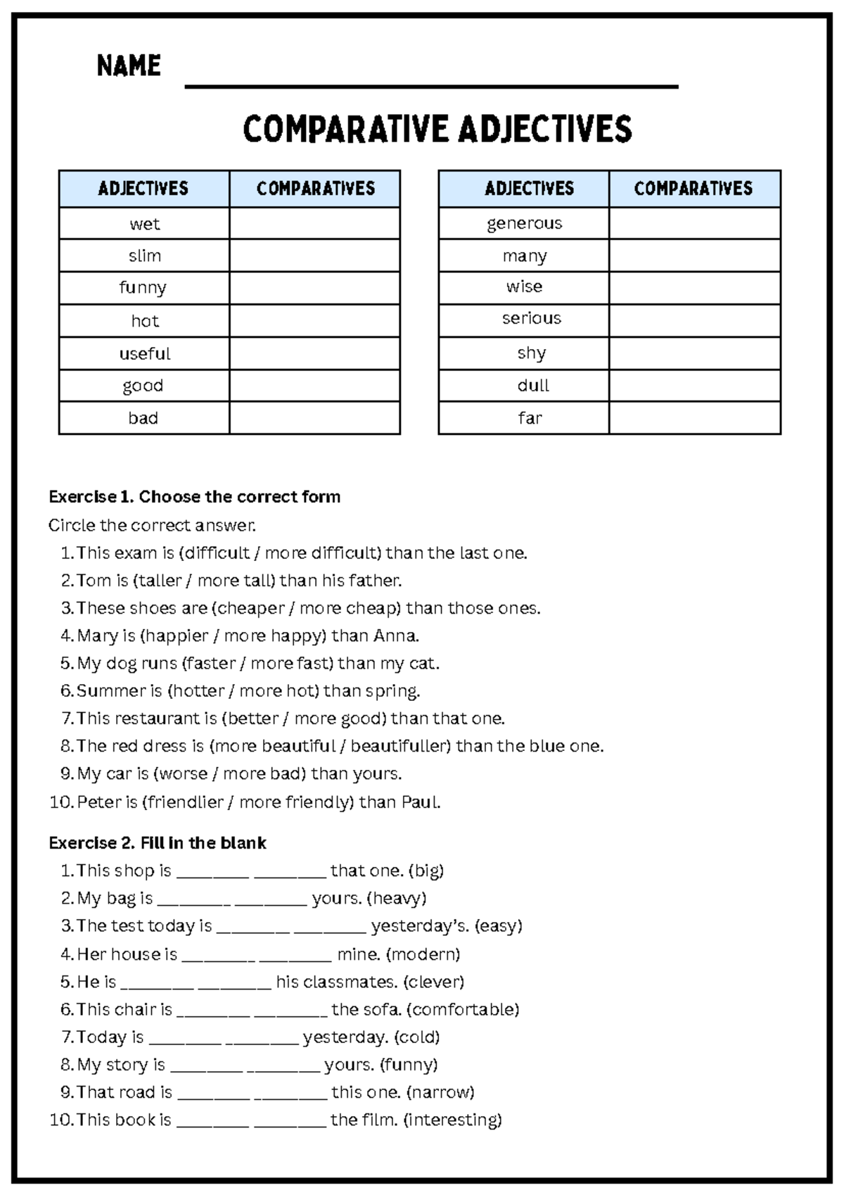 Comparative Adjectives Exercises - English Language Practice - Studocu