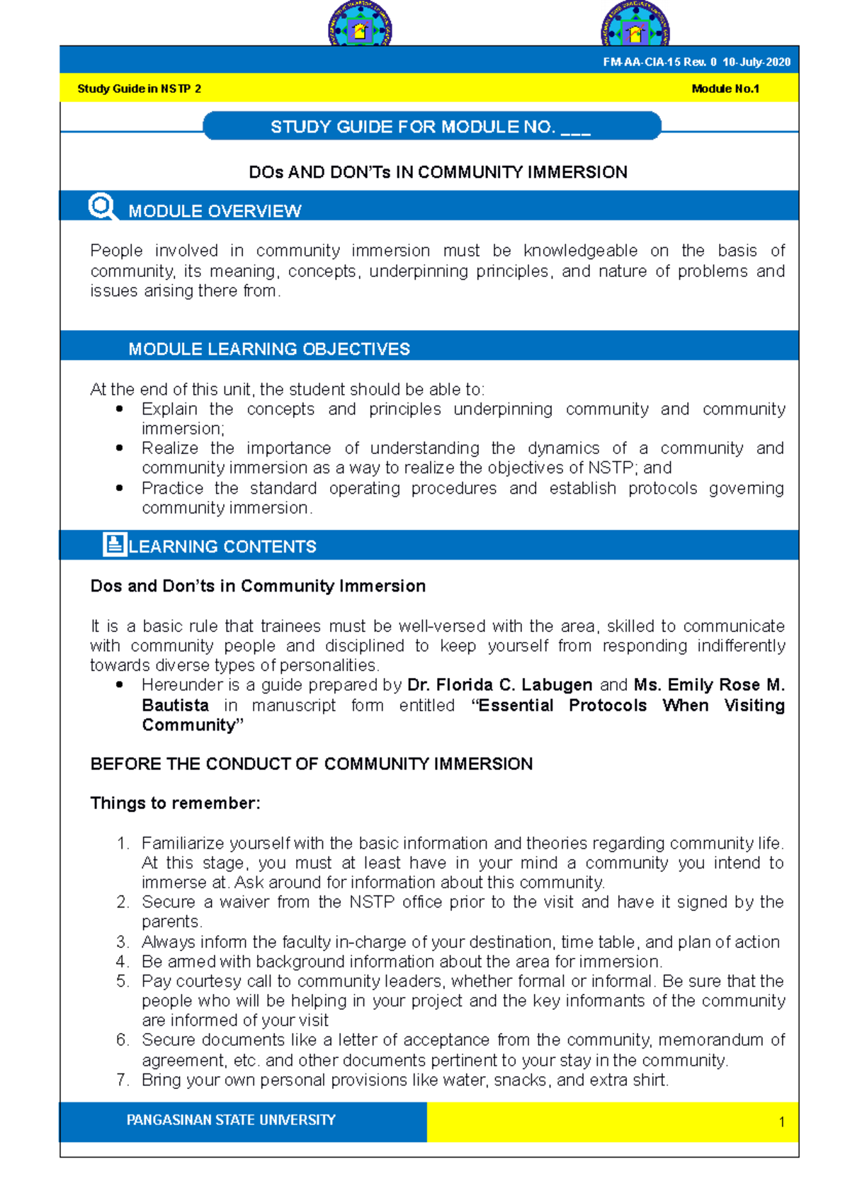 NSTP 2-Study-Guide- Do's and Don'ts in the Community Immersion ...
