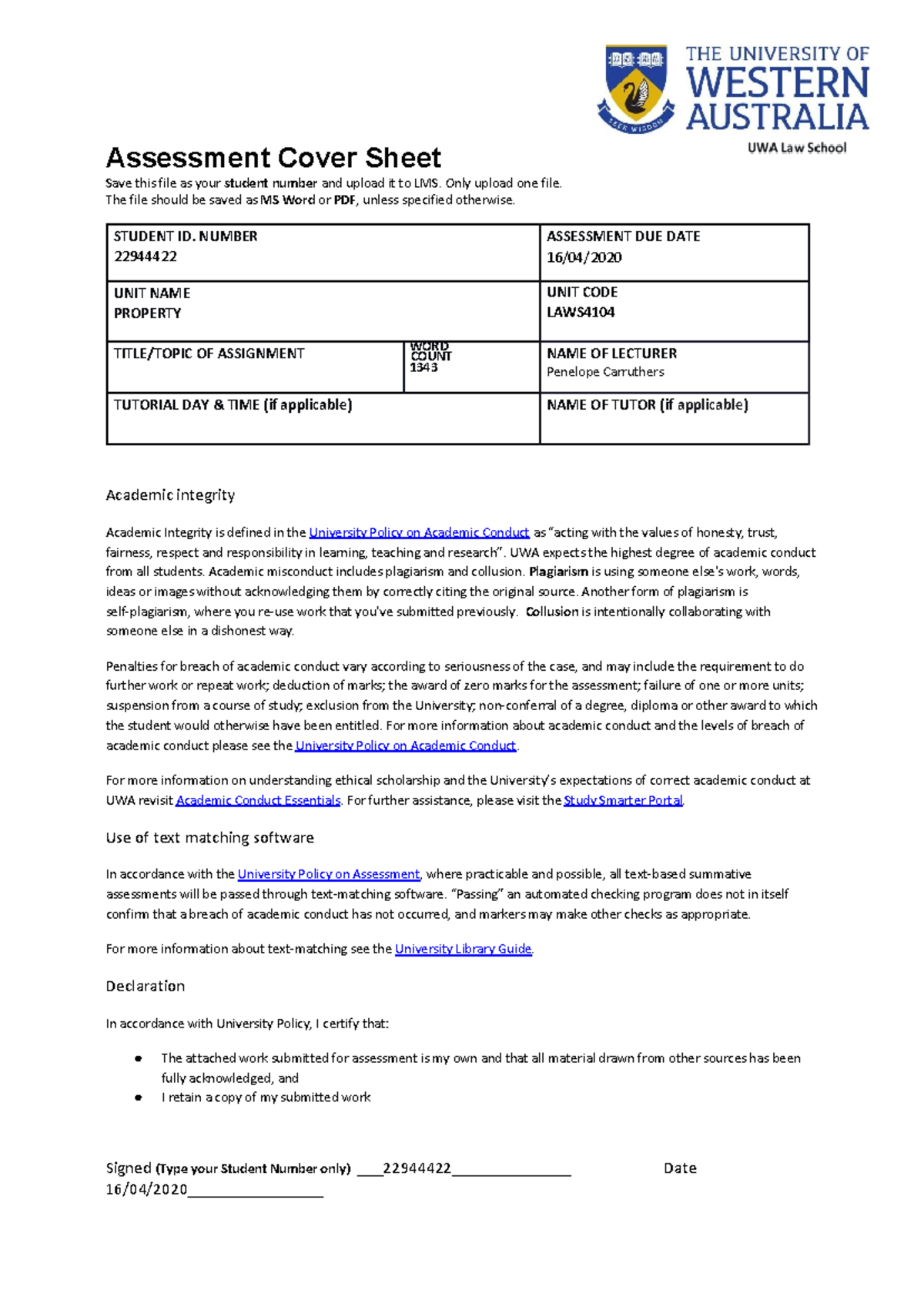 Assessment Cover Page and Answer Template for Property Laws (LAWS ...