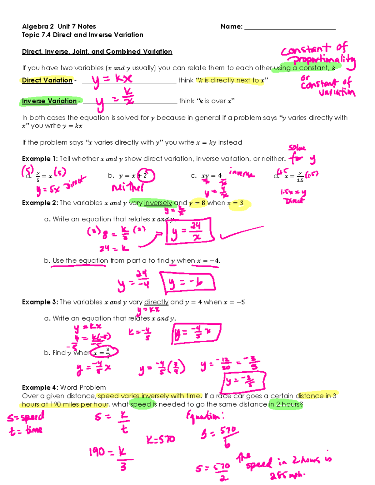 Algebra 2 Unit 7 Notes: Direct & Inverse Variation Concepts - Studocu