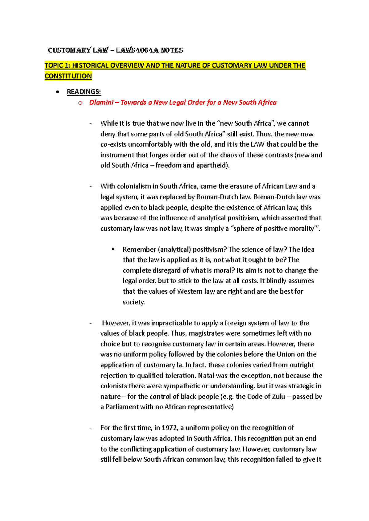 CUSTOMARY LAW LAWS4064A NOTES: HISTORICAL OVERVIEW & GENDER ISSUES ...