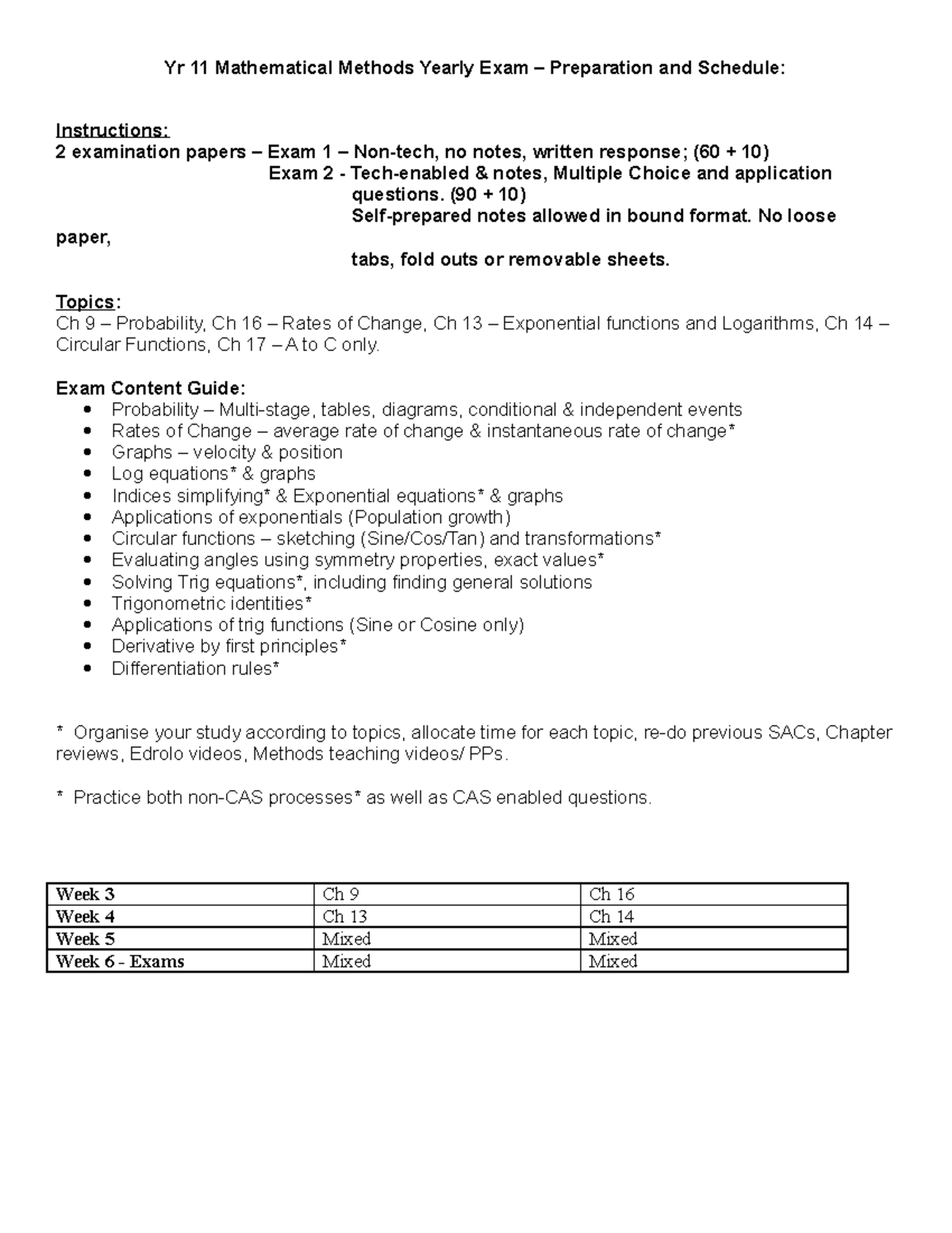 Exam study guide - Sem 2 - 2021 - Yr 11 Mathematical Methods Yearly ...