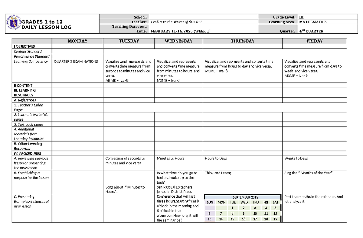 DLL Mathematics 3 Q4 W1 - Daily lesson plan - GRADES 1 to 12 DAILY ...