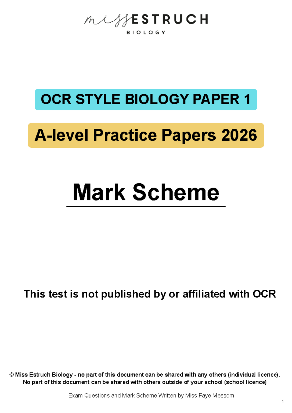 OCR Biology A-Level Practice Paper 1 Mark Scheme 2026 - Studocu