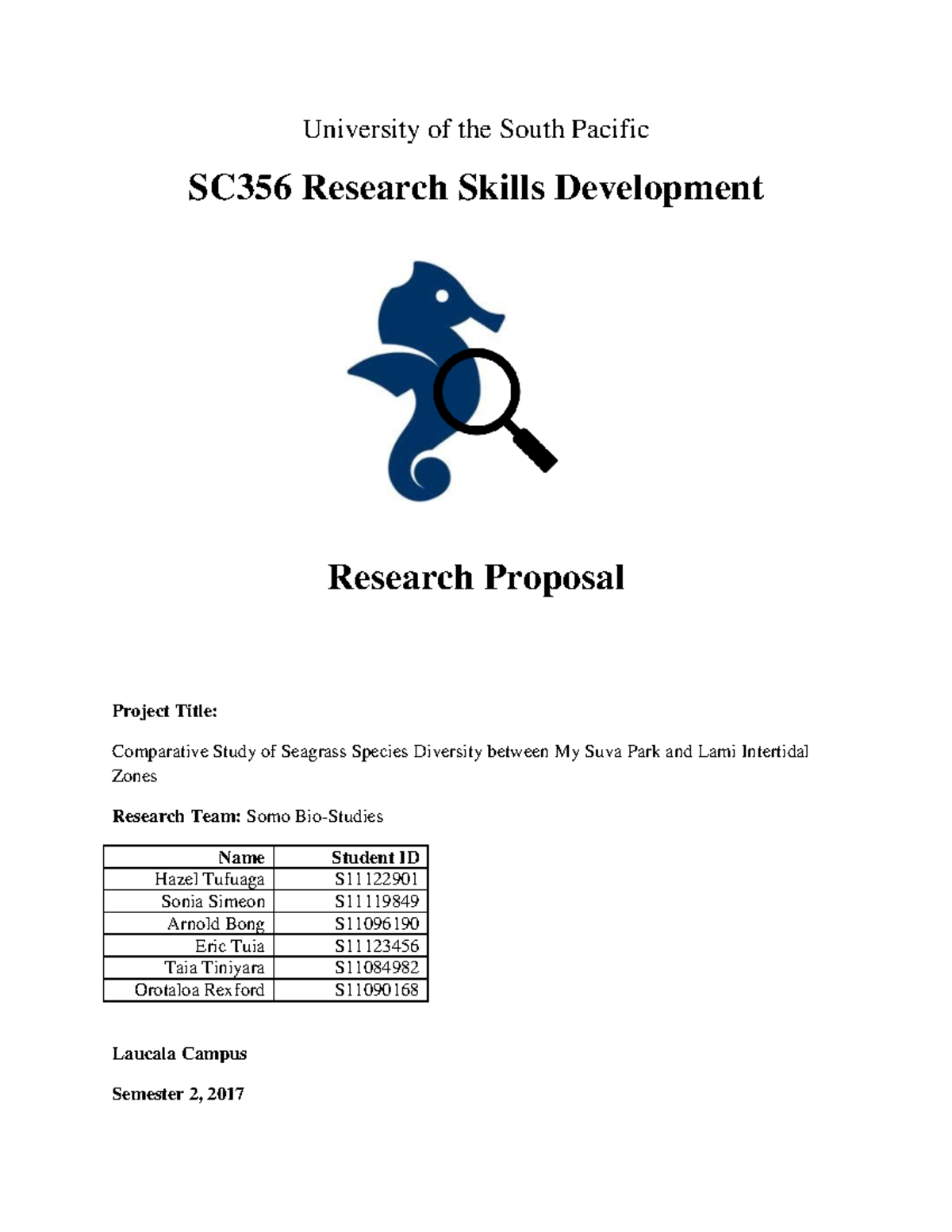 Biology SC356 - Research Proposal: Seagrass Diversity Study - Studocu