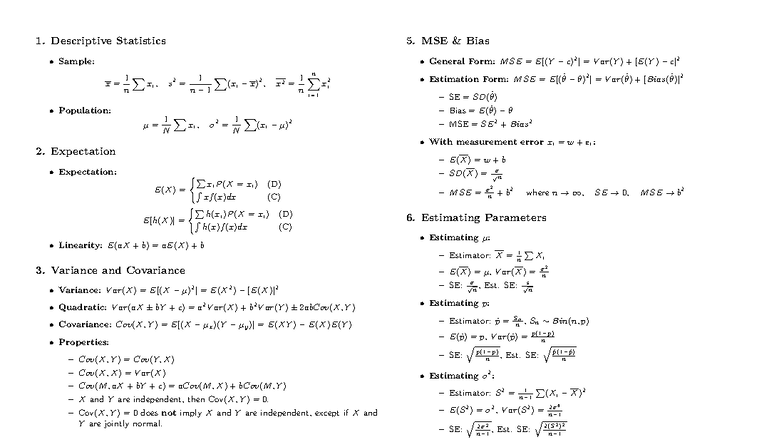 ST2132 Cheat Sheet: Descriptive Stats & Estimation for Midterm - Studocu