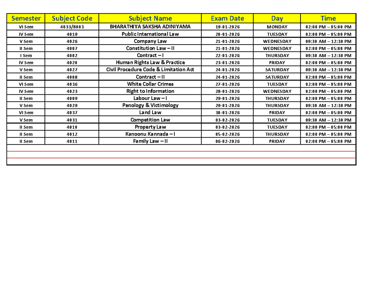Updated VI Sem Exam Timetable for Law Courses - Studocu