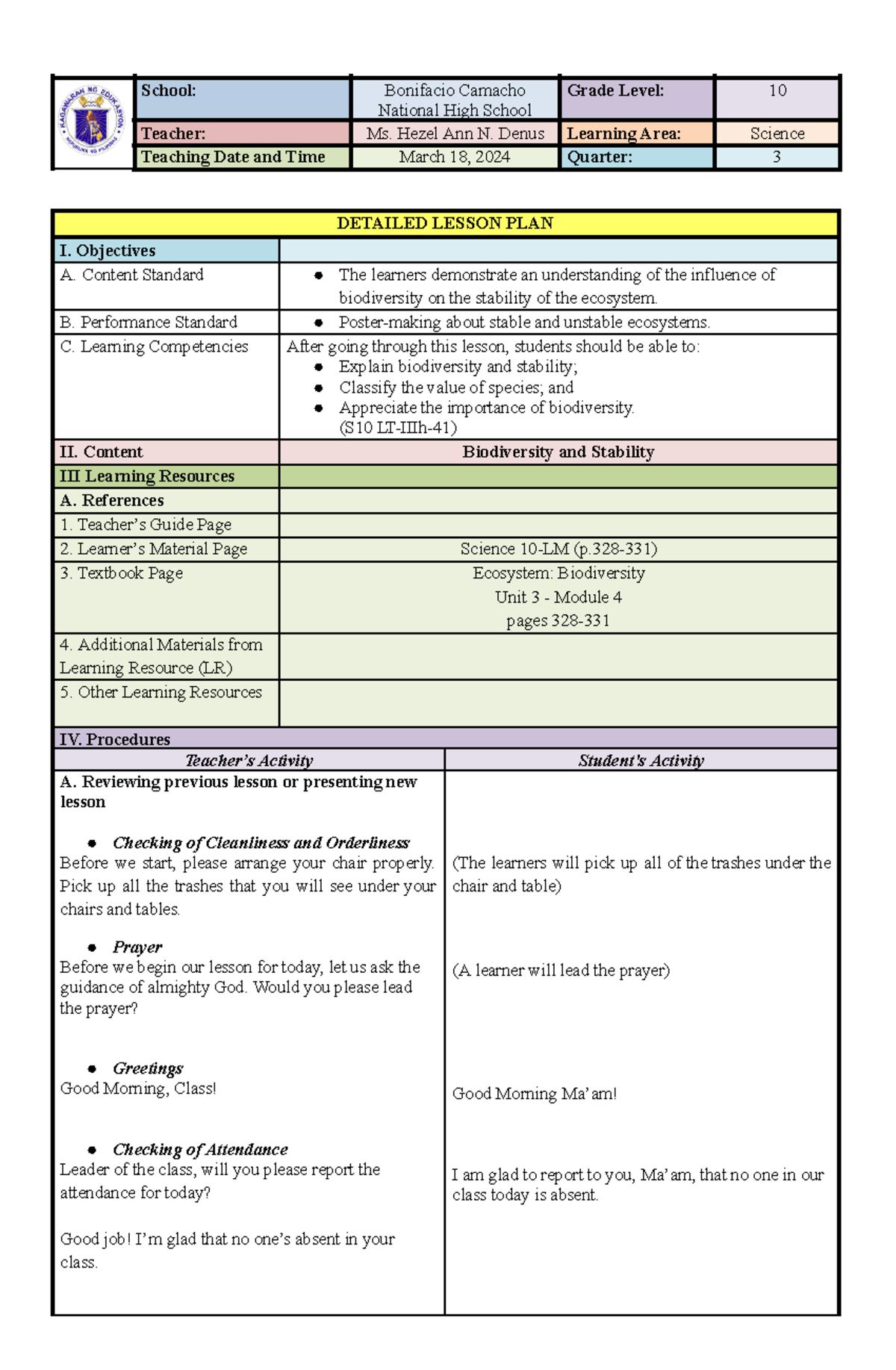 Detailed Lesson Plan on Biodiversity for Grade 10 Science (S10) - Studocu