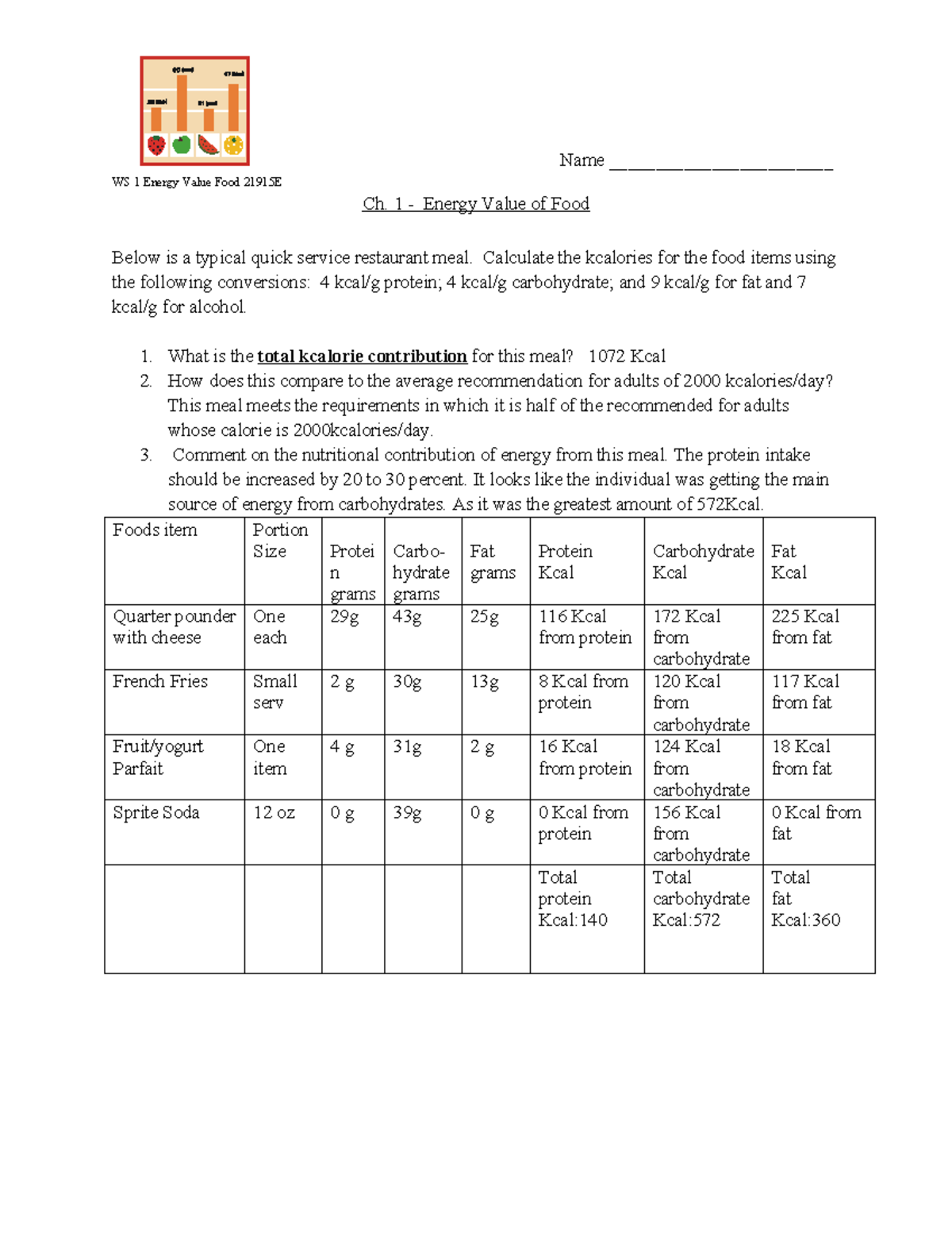 WS 1 Ch. 1 Energy Value of Food 21915E Meal Calorie Analysis - Studocu