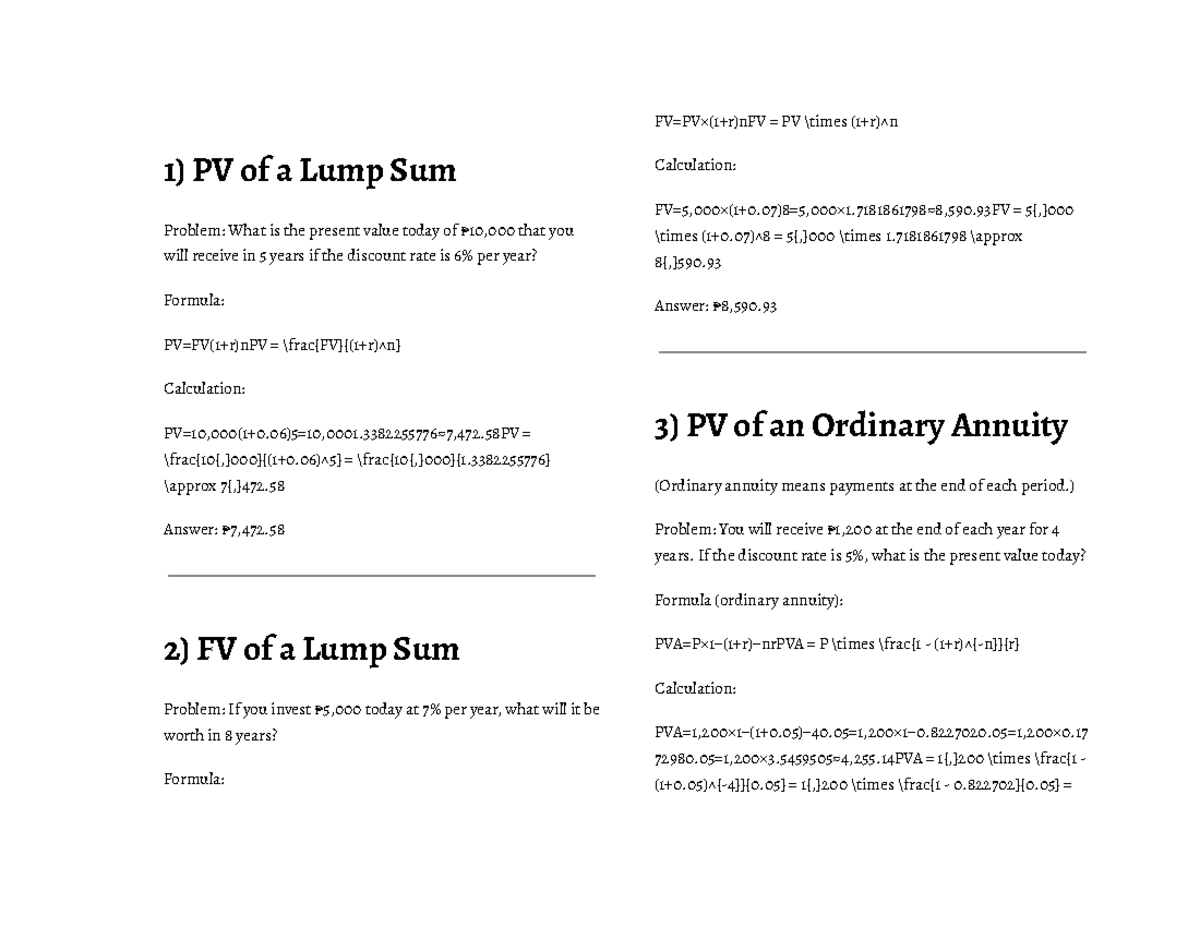 TMV: PV & FV Computation - Present & Future Value Formulas - Studocu