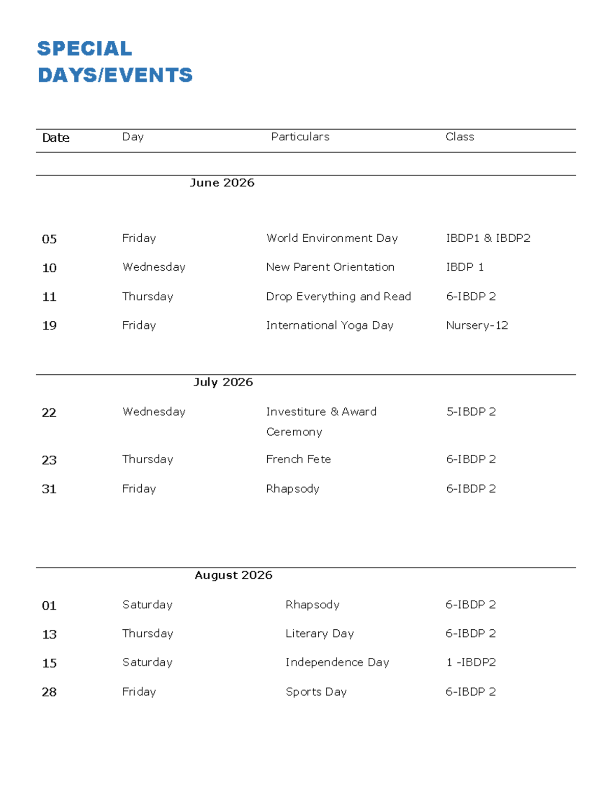 Special Events Schedule IBDP 1 & 2 (AY 2026-2027) - Studocu