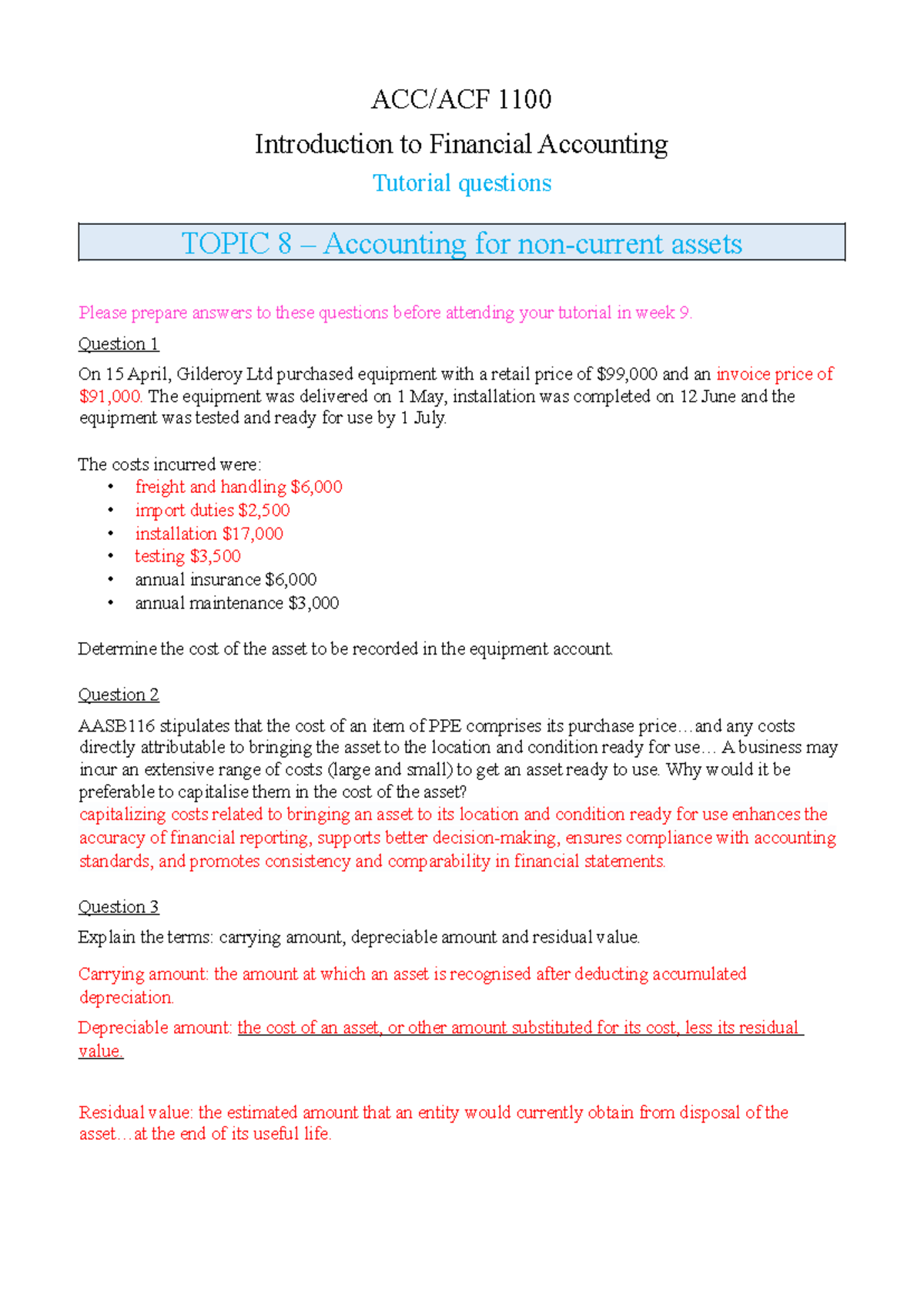 ACC/ACF 1100 Topic 8 Tutorial Questions: Accounting for Non-Current ...