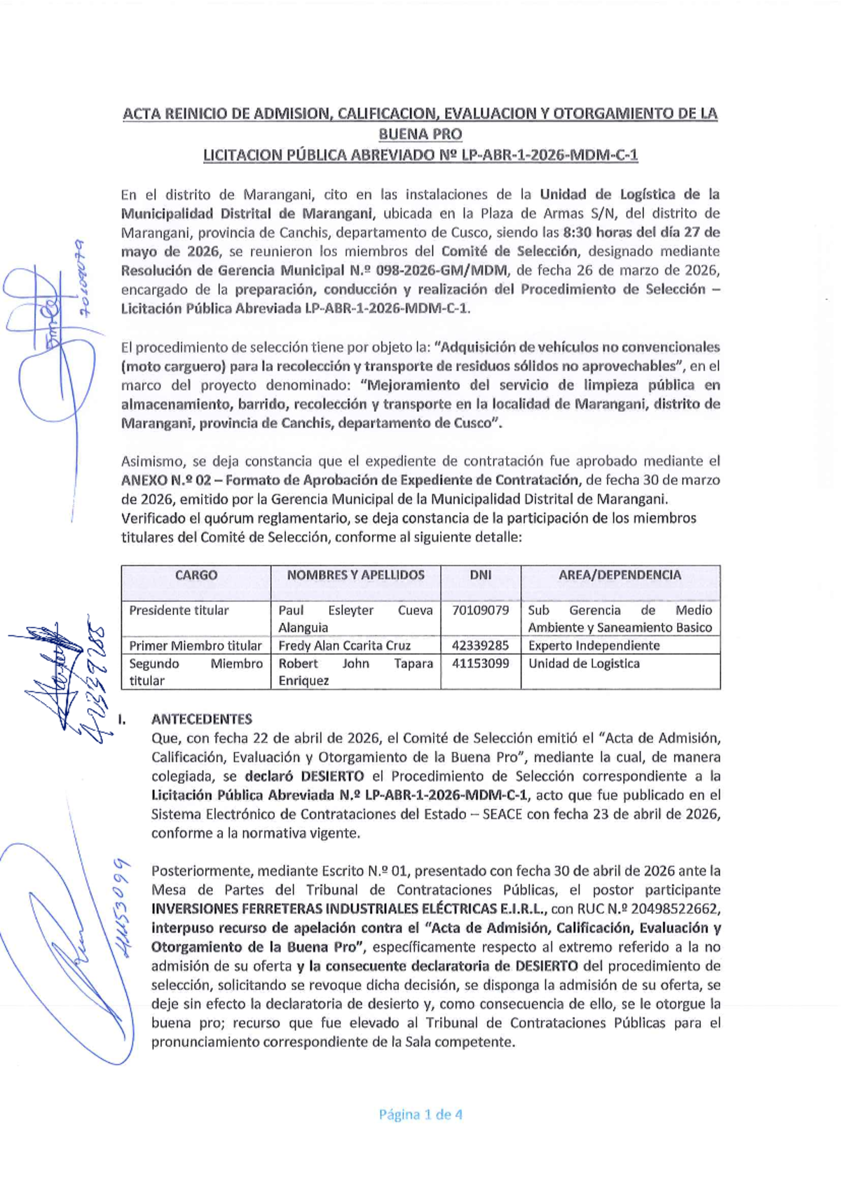 ACTA 70109079: Reinicio de Admisión y Otorgamiento de Buena Pro - Studocu