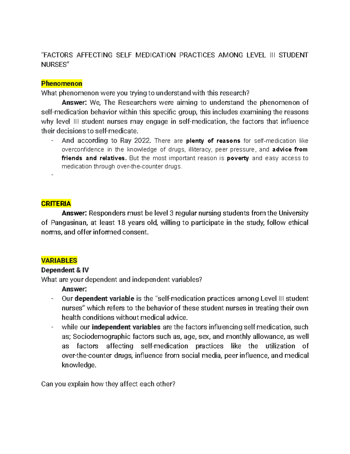 "Factors Influencing Self-Medication Practices Among Level III Nursing ...