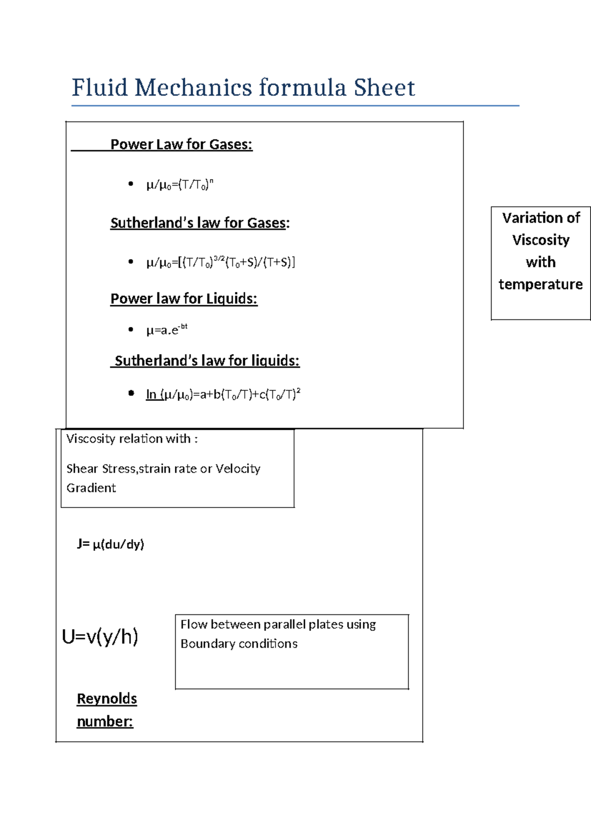 Fluid Mechanics formula Sheet - Fluid Mechanics formula Sheet Viscosity ...