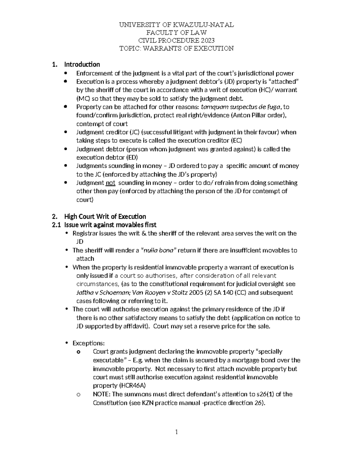 CIVIL PROCEDURE 2023: Warrants of Execution Overview and Process - Studocu