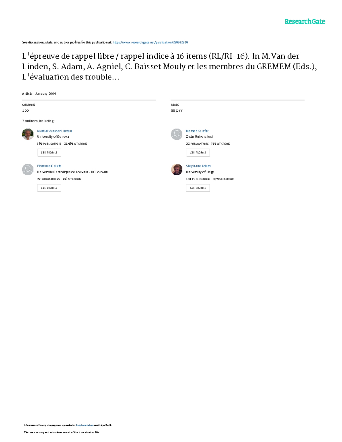 L'épreuve de rappel libre/rappel indicé à 16 items (RL/RI-16 ...