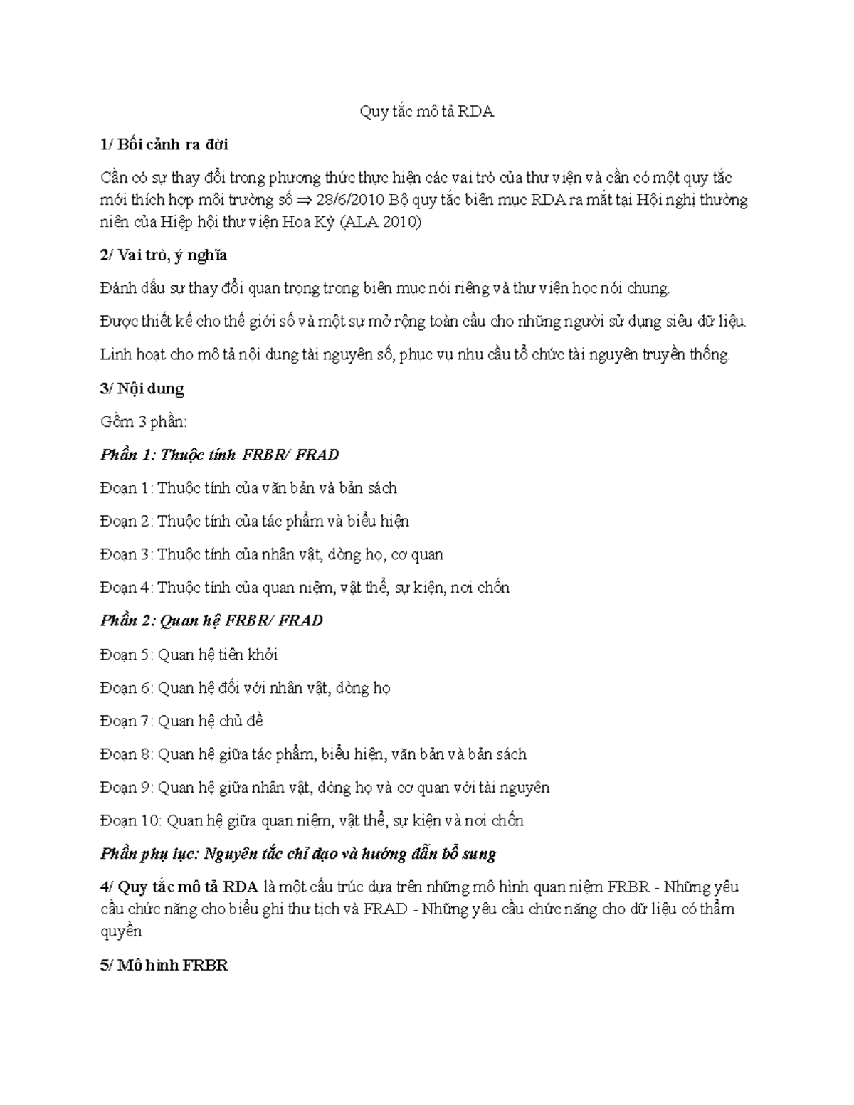 Quy tắc mô tả RDA: Thay đổi trong môi trường số và FRAD - Studocu