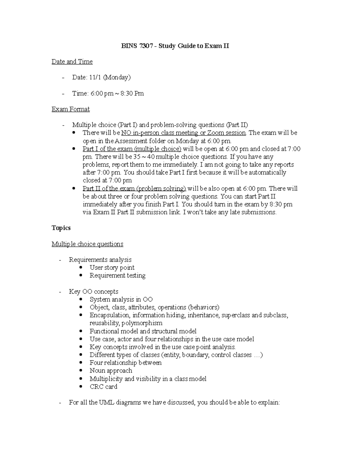 BINS 7307 - Study Guide for Fall 2021 Exam II Preparation - Studocu