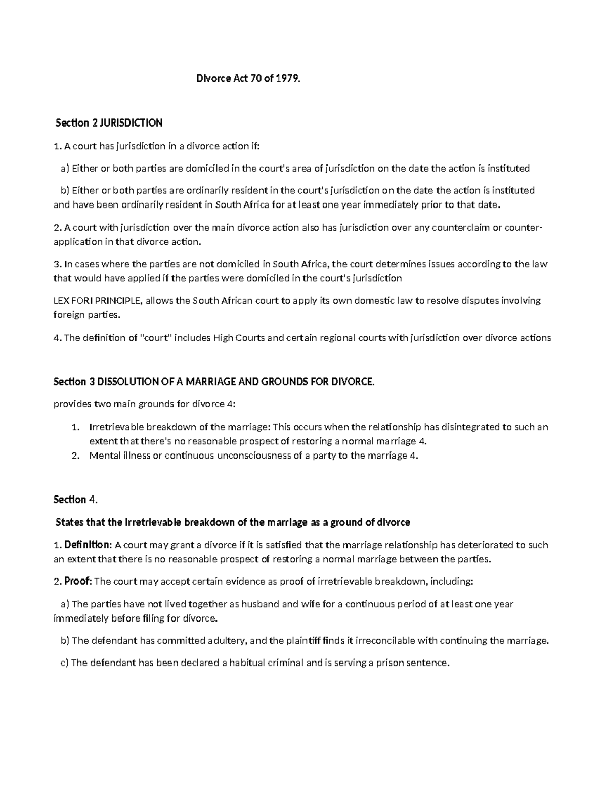 Divorce Act 70 of 1979: Key Provisions and Jurisdiction Notes - Studocu