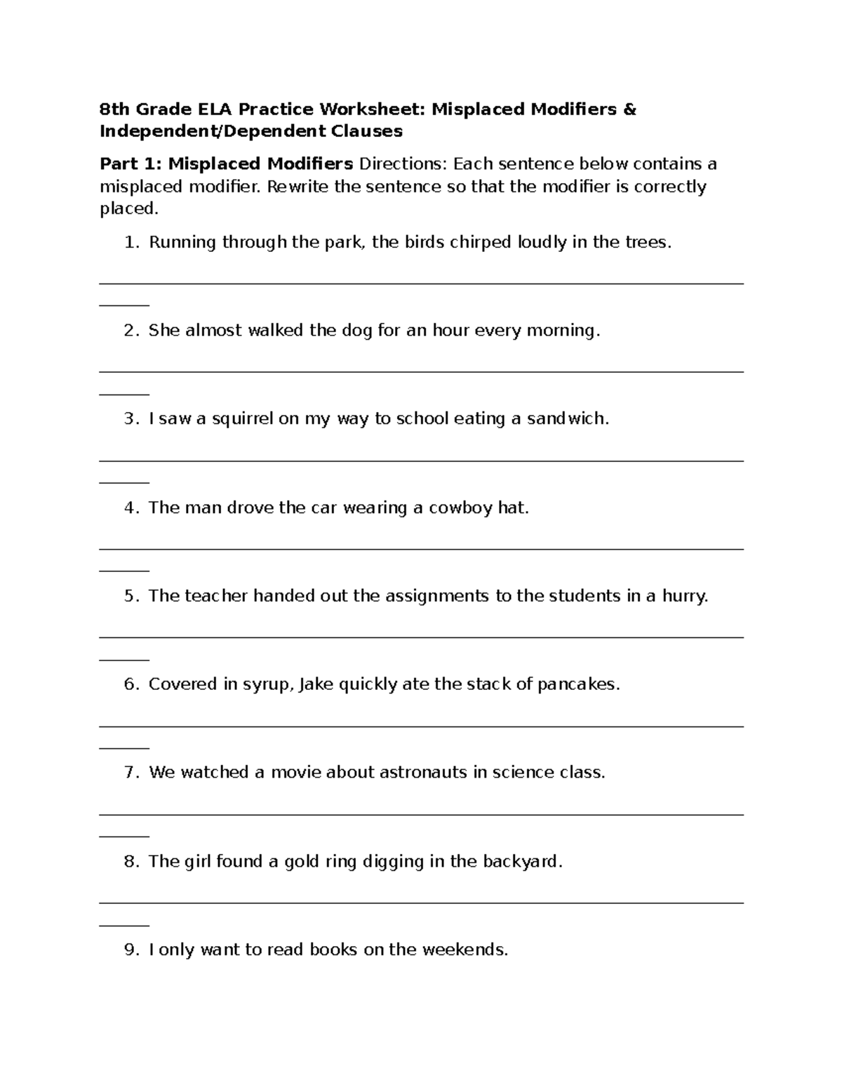 8th Grade ELA Practice Worksheet - Rewrite the sentence so that the ...