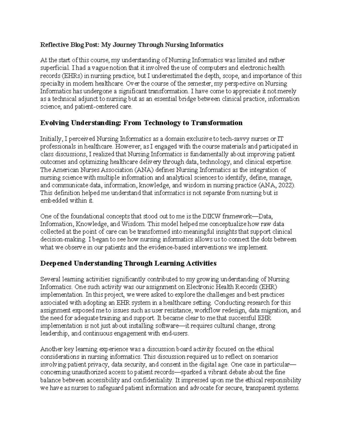 NUR 5220 Reflective Blog: My Journey in Nursing Informatics - Studocu