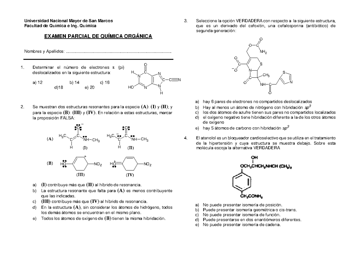Examen Parcial de Química Orgánica - UNMSM (QF-101) - Studocu