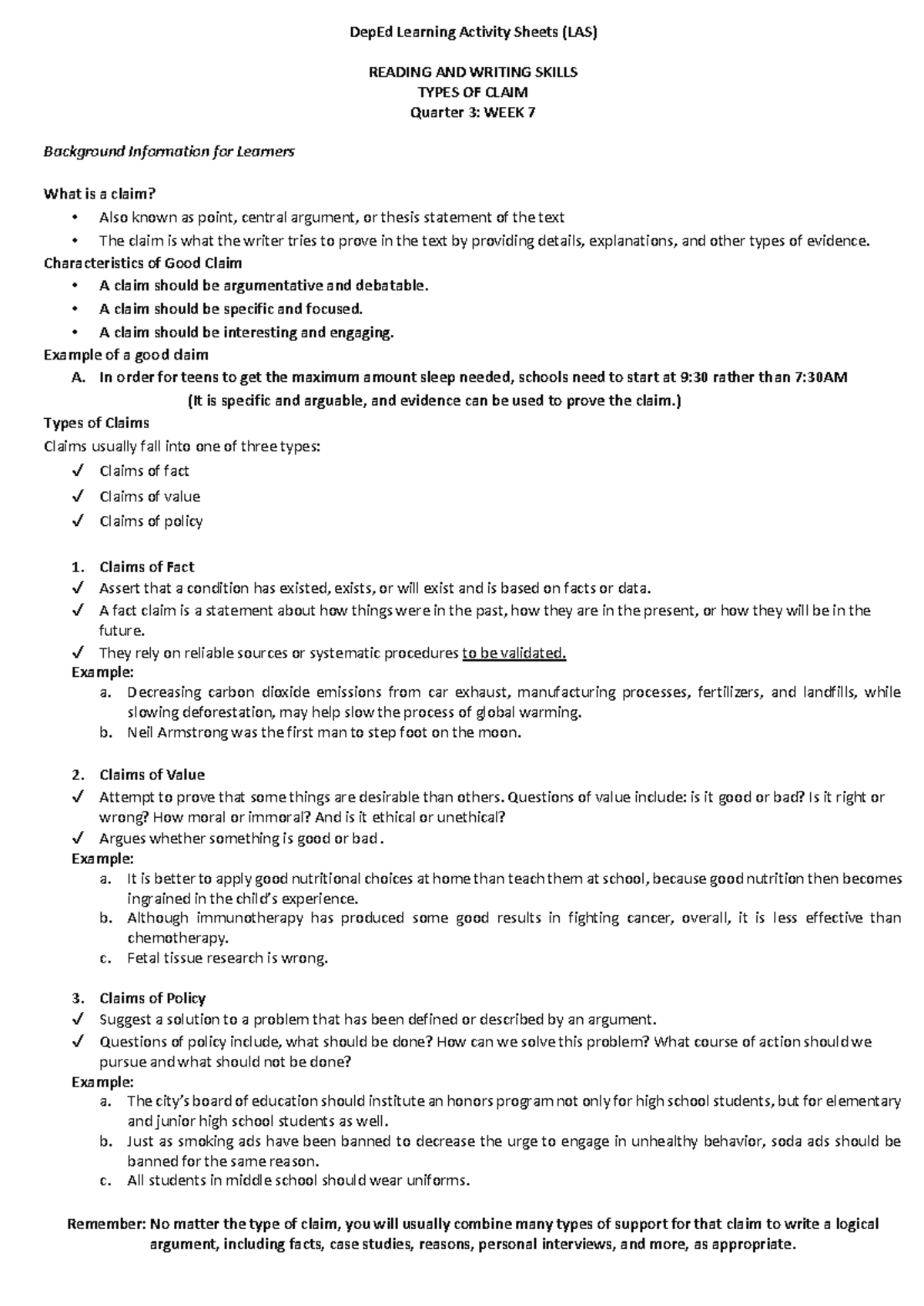 Types of Claims: Understanding Assertions in Writing (EN11/12RWS-IIIij ...