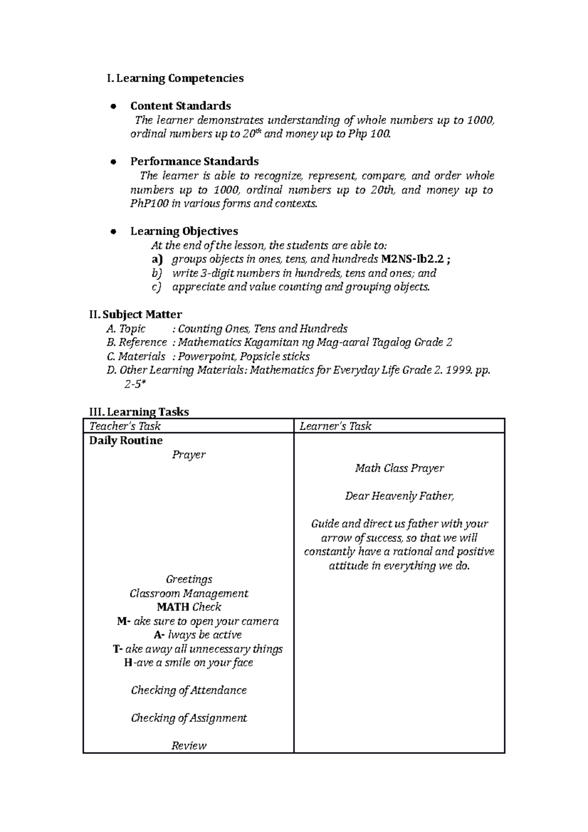 Lesson Plan in mathematics bem 107 - I. Learning Competencies Content ...