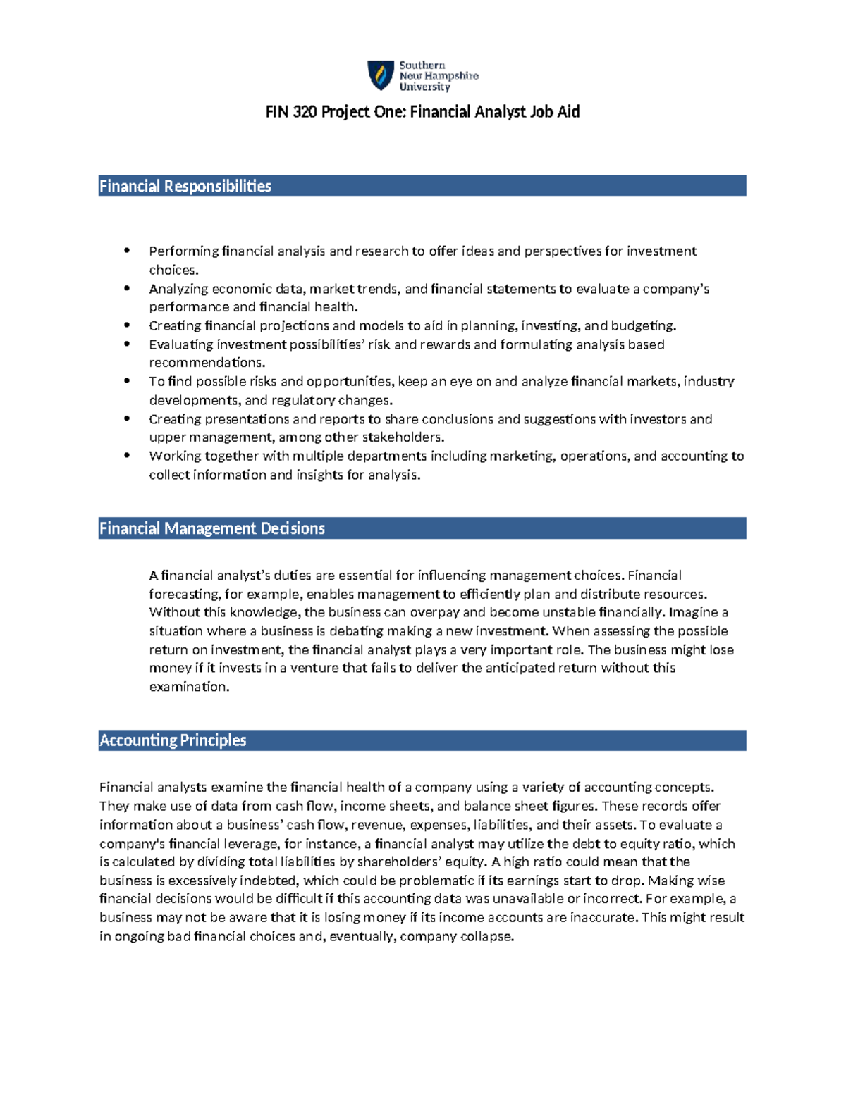 FIN 320 Project One: Financial Analyst Responsibilities & Insights ...
