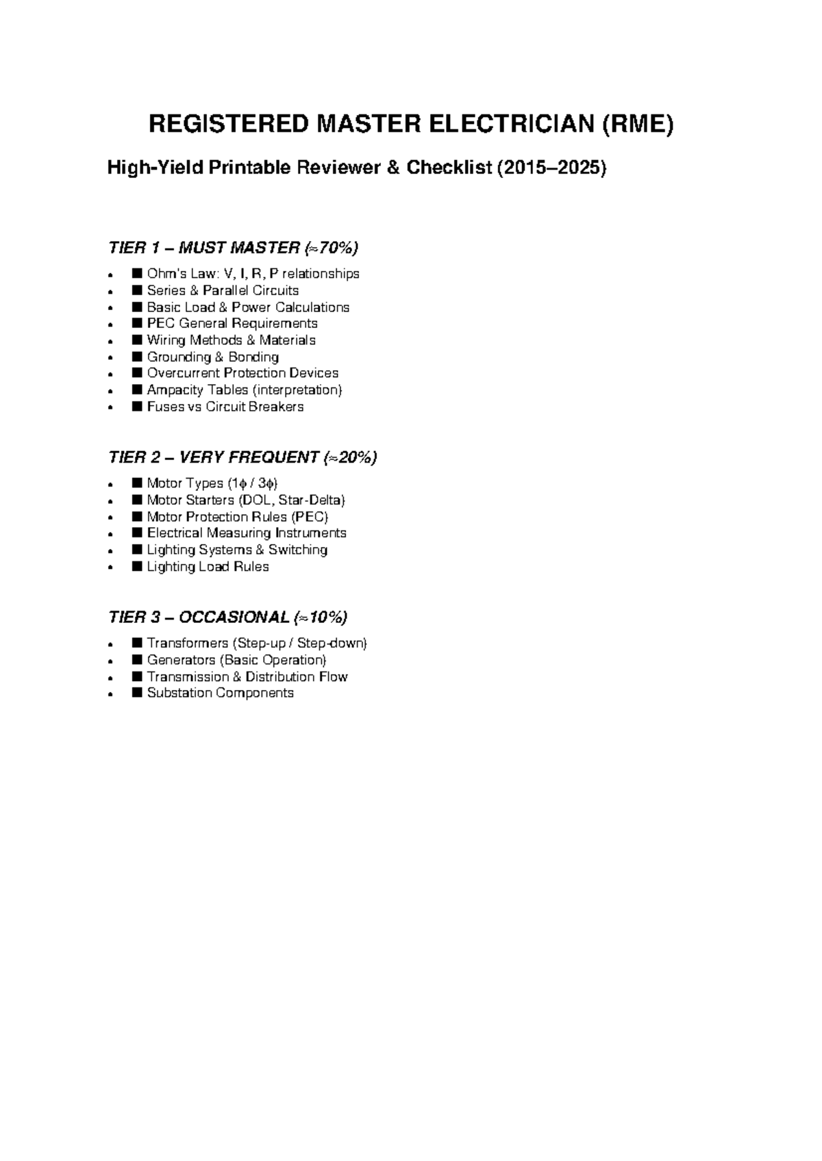 RME Reviewer Checklist 2015 2025 - REGISTERED MASTER ELECTRICIAN (RME ...